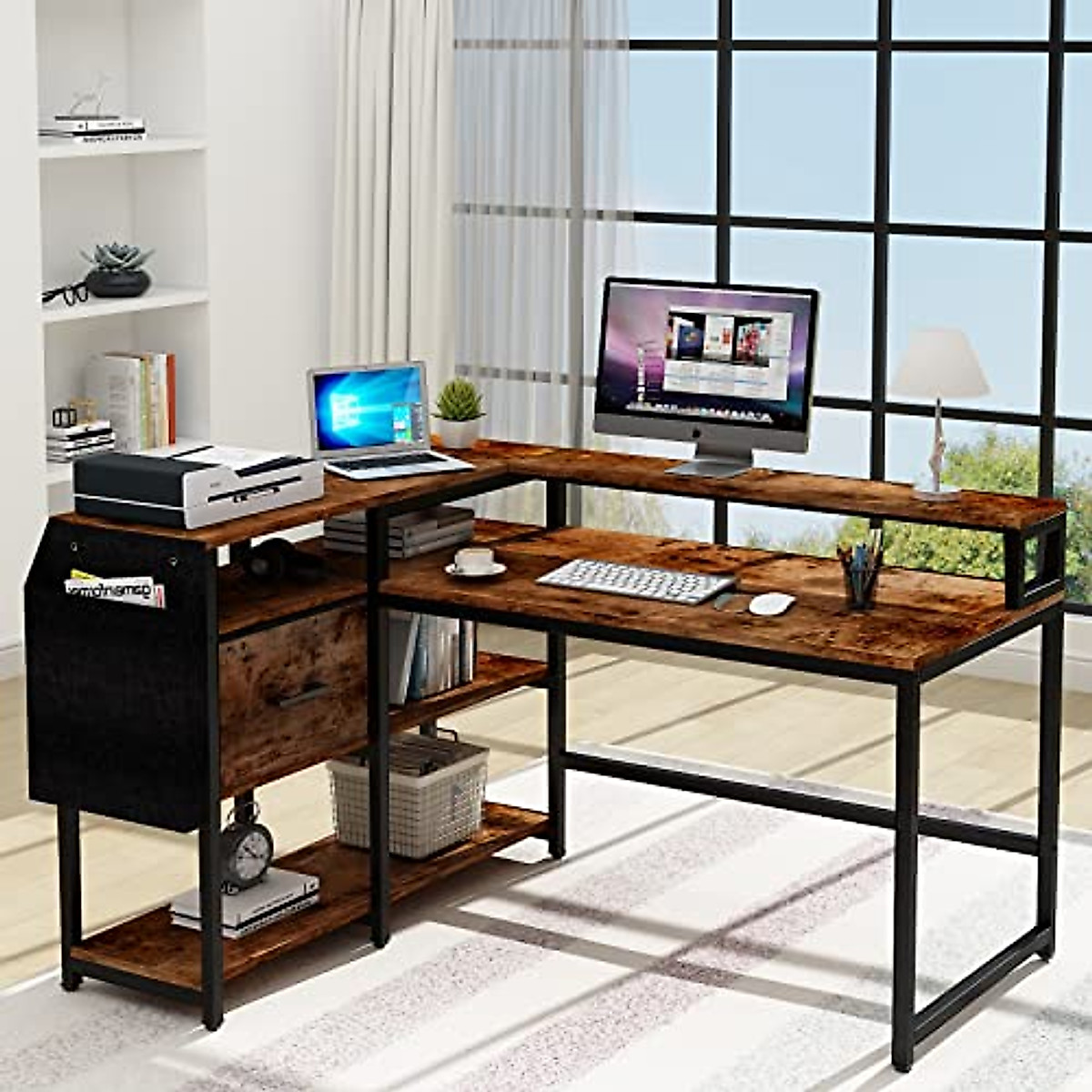 Loomie Reversible L Shaped Desk with Drawer, 55" W x 41" D Industrial Corner Computer Desk with 4 Tier Shelves & Monitor Stand and Bag, Study Table for Home Office, Rustic