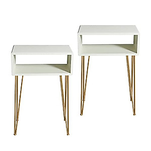 COZAYH Modern Contemporary Nightstand Set of 2, Extreme Minimalism End Table Open Shelf Style Bedside Table on Metal Hairpin Legs (White&Gold)