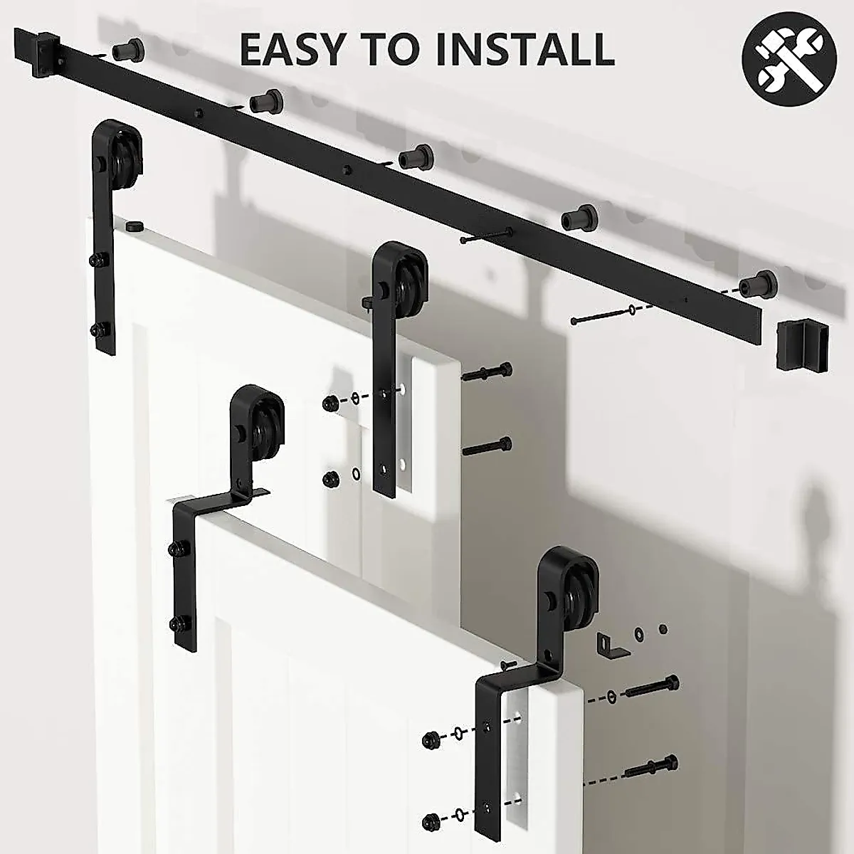 skysen 6FT Heavy Duty Sliding Barn Door Hardware Single Track Bypass Double Door Kit Black(Bypass J Shape-1)