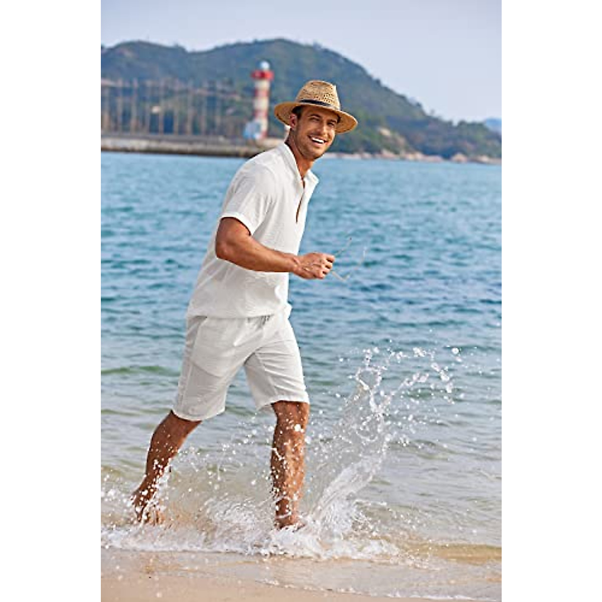 COOFANDY Men's 2 Pieces Linen Set Casual Henley Shirts Short Sleeve Beach Yoga Shorts Summer Pants Outfits