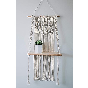 Macrame Shelf - Cute Macrame Hanging Shelf - 1 Tier Macrame Shelf Hanging Ideal for Bohemian Wall Decor to Display Plants, Artwork Pictures Books and Home Decor Items