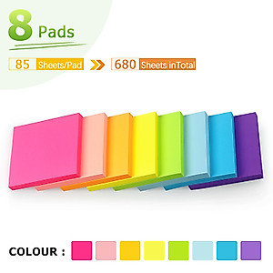 Sticky Notes 3x3 inch Bright Colors Self-Stick Pads 8 Pads/Pack 85 Sheets/Pad Total 680 Sheets