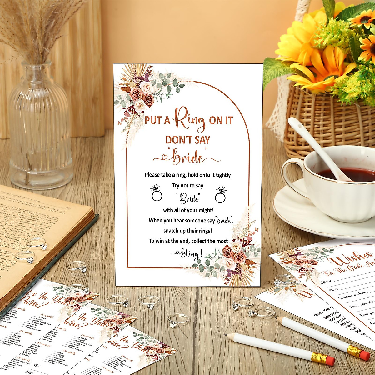 Estune 331 Pcs Bridal Shower Games Supplies, 5 Sets 250 Pcs Wedding Games Cards 1 Put a Ring on It Bridal Shower Games with 60 Pcs Rings and 20 Pcs Pencils(Boho Style)