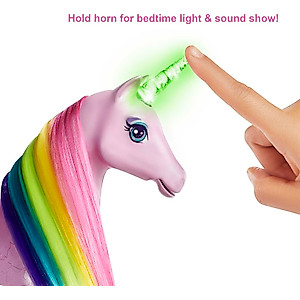 Barbie Dreamtopia Magical Lights Unicorn with Rainbow Mane, Lights and Sounds, Princess Doll with Pink Hair and Food Accessory, Gift for 3 to 7 Year Olds, Multi, Única