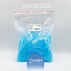 1000uL Pipette Tips, Kashi Scientific Universal Non-Filter Tips for Pipette 1000 uL, Sterile Bulk Pipette Tips with Clear Graduation, 1 mL Pipet Tips, DNase RNase Free, 500 Tips/Bag - Blue