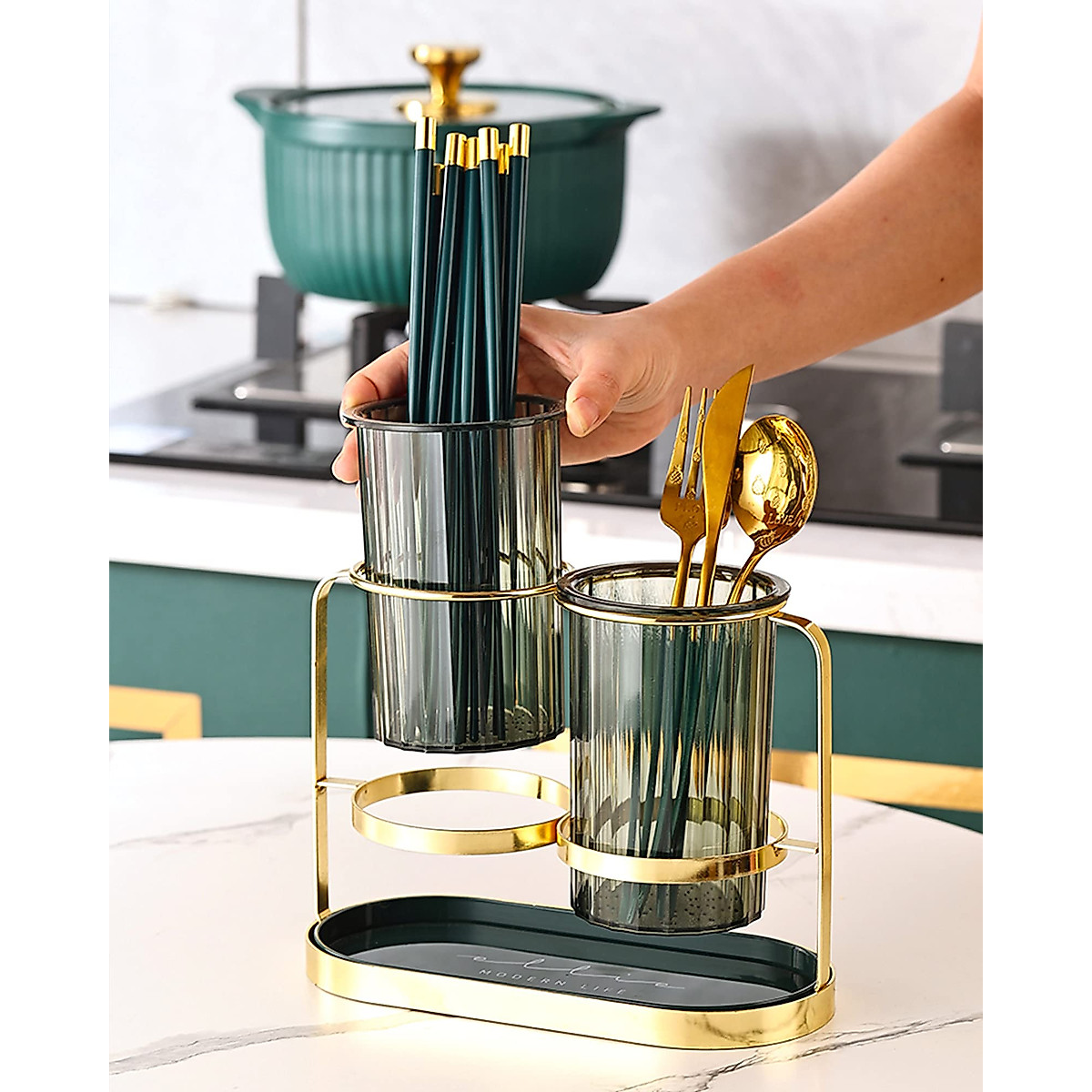 Hanobe Utensil Caddy Silverware Holder - Decorative Cutlery Caddy Gold Green Clear Flatware Storage Organizer Cup Countertop Platic Spoon Fork Knife holder for Table Dinning Kitchen Counter