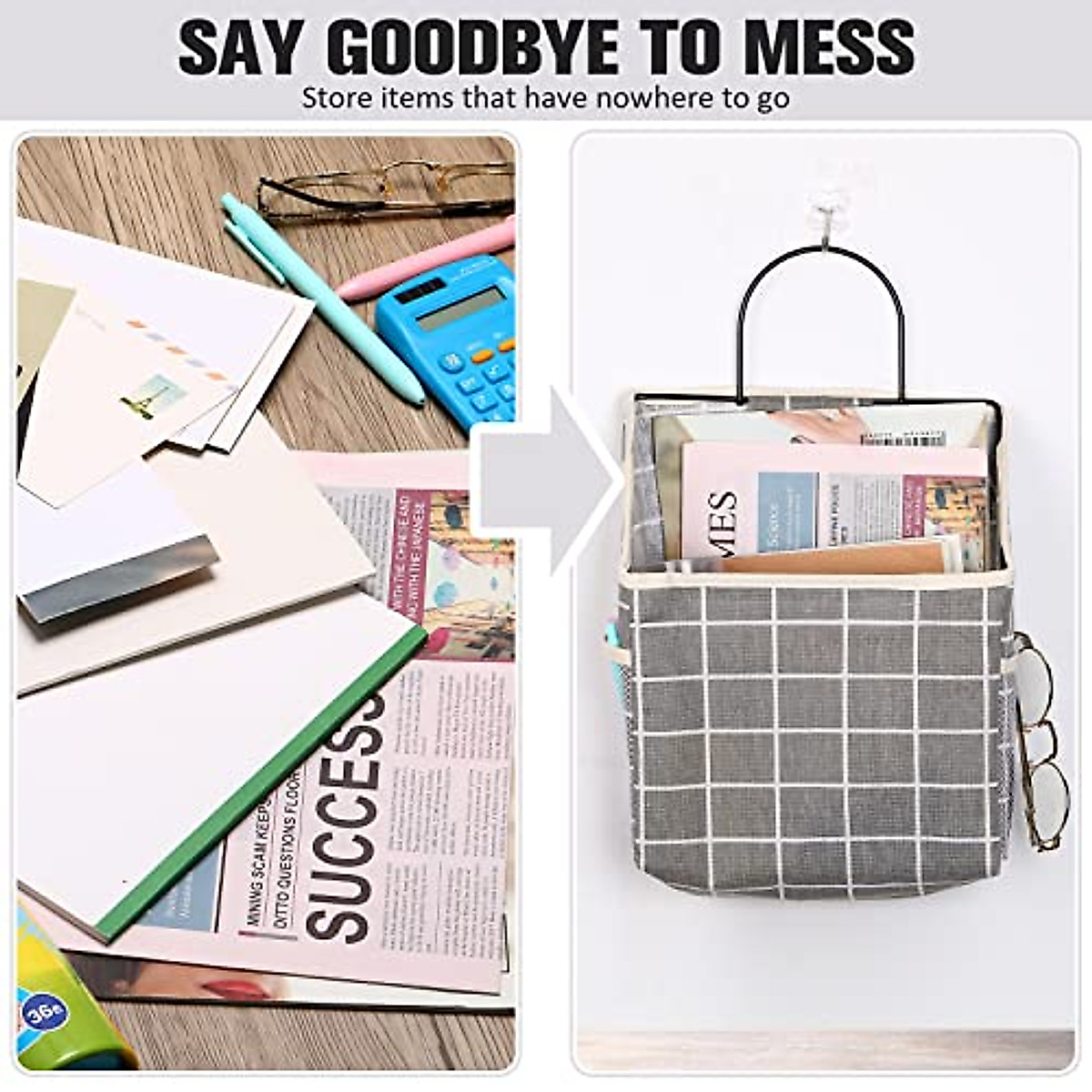 6 Pieces Wall Hanging Storage Bag with 10 Sticky Hooks Grid Over The Door Closet Organizer Pocket Hanging Wall Basket Camper Storage Accessories for Inside Bedroom Bathroom (Gray Grid)