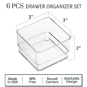 STORi SimpleSort 6-Piece Stackable Clear Drawer Organizer Set | 3" x 3" x 2" Square Trays | Small Makeup Vanity Storage Bins and Office Desk Drawer Dividers | Made in USA