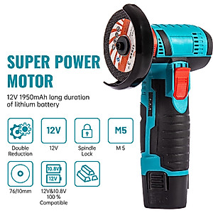 Housiwill Angle Grinder Tool, Mini Angle Grinder, Cordless Electric Angle Grinding Tool 12V 19500RPM with 2PCS 2000mAh Battery, Nylon Cutting Blade-s/Grinding Disc/Metal Cutting Disc (Green+blue)