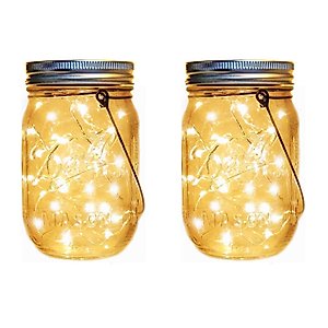 Casabits Decor Solar Mason Jar Lights, 2 Pack 10 LED Warm White - Hanging Solar Garden Lights - Solar LED Outdoor Lights for Patio or Garden – Beautiful Decorative Lights – Hanging Solar Garden Lights