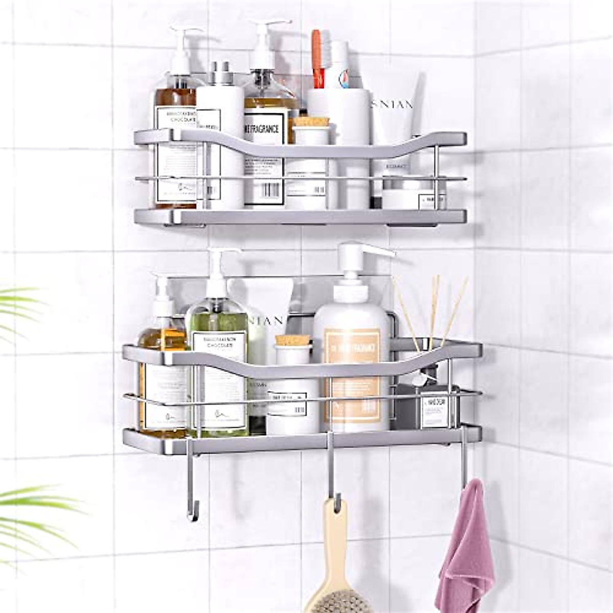 Silver Shower Caddy Rustproof Bathroom Shampoo Holder For Shower Wall Self Adhesive Shower Shelf For Inside Shower Organizer Suction