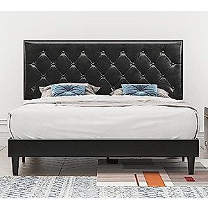 Einfach Queen Platform Bed Frame with Adjustable Faux Leather Diamond Stitched Button Tufted Headboard, Sturdy Wooden Support and No Box Spring Needed, Black