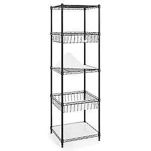 Fencer Wire NSF 5 Tier Wire Shelving Unit w/Baskets & Liner, Storage Rack Kitchen, Bathroom, Laundry Closet, Wire Shelving Basket Shelves, Storage Rack Corner Shelves, Black