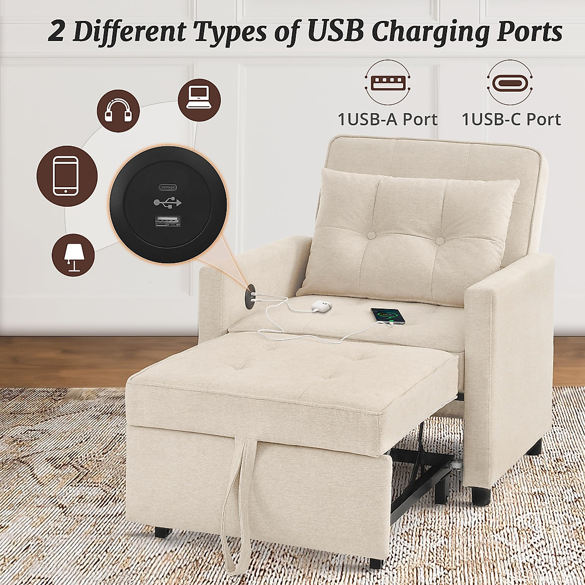 Cozyman Sofa Bed Chair, 3 in 1 Convertible Sleeper Chair Bed for Adults, Pull Out Chair Sleeper, Adjustable Reading Chair with 2 Pillows and Backrest, Multi-Functional Couch Bed for Small Space