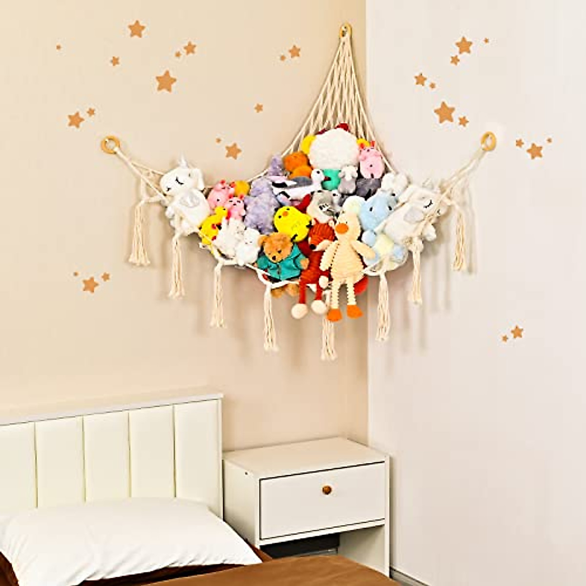 Hautton Stuffed Animal Hammock Net Storage, Macrame Hanging Hammock Plushie Toy Organizer Boho Wall Corner Net Holder for Kids Room Nursery Playroom -Large/White