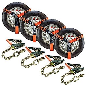 VULCAN Car Tie Down with Chain Anchors - Lasso Style - 2 Inch x 96 Inch - 4 Pack - PROSeries - 3,300 Pound Safe Working Load