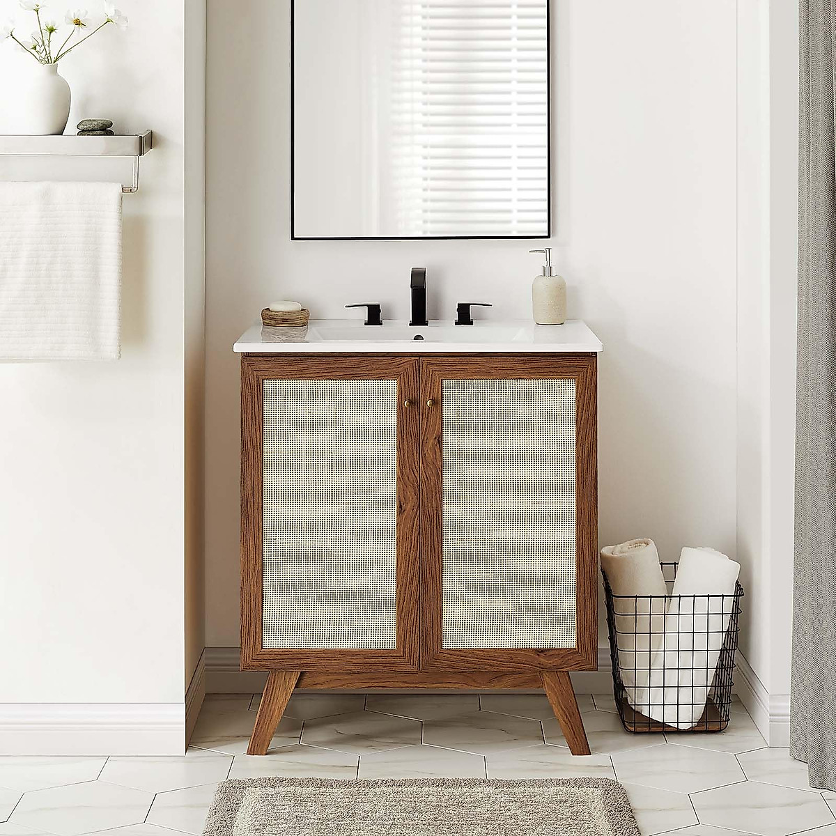Modway Soma Rattan Weave Bathroom Vanity Cabinet (Sink Basin Not Included), 30 Inch, Walnut