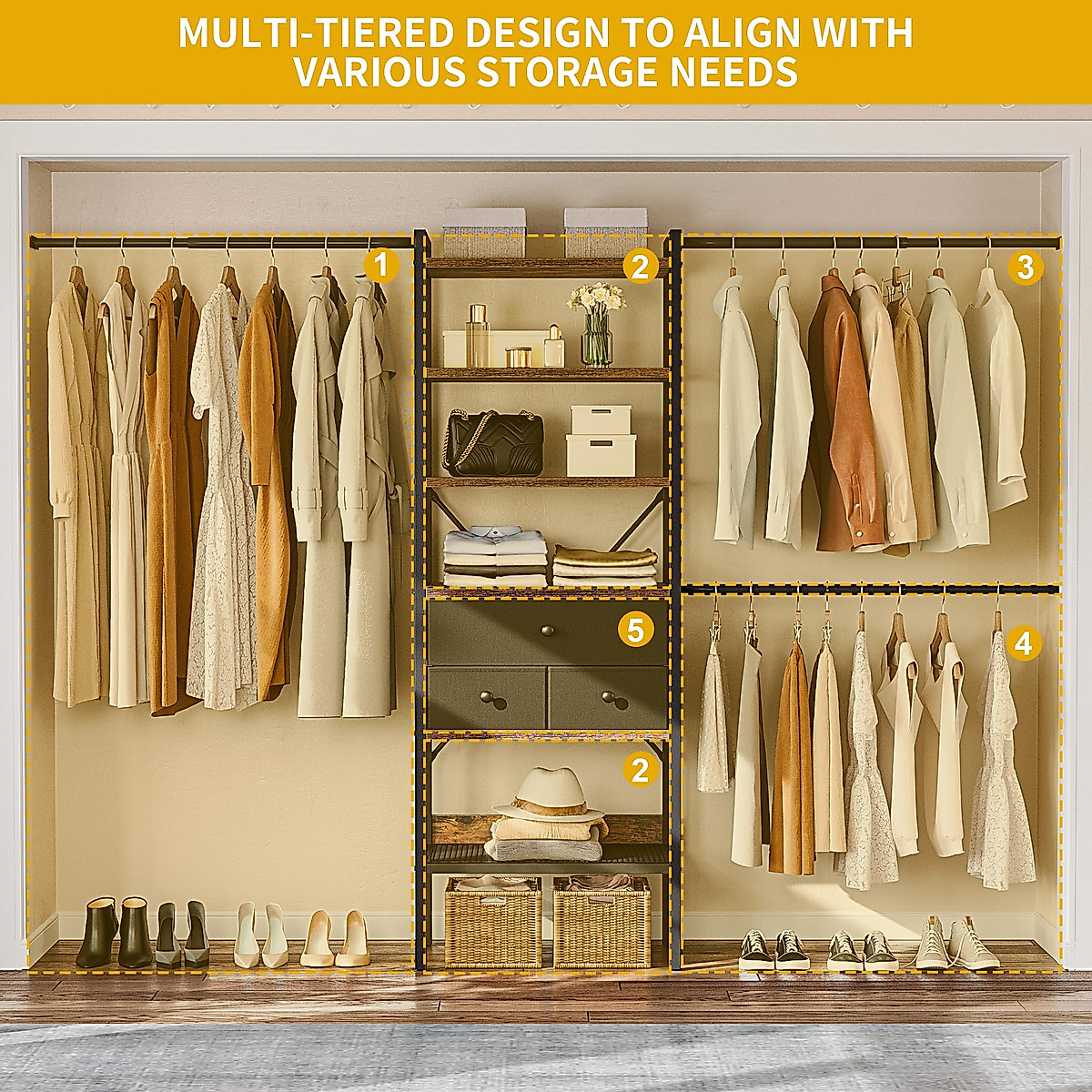 DWVO Closet System, Walk In Closet Organizer Systems with 3 Drawers, Closet Organizers and Storage with Shelves and 3 Expandable Hanger Rods, Fits 6-9 ft Space, Black