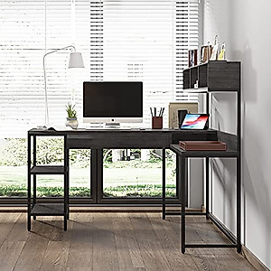 HEAO L-Shaped Corner Desk with Multiple Shelves and Drawer Space-Saving Computer Home & Office Desk (Dark Grey)