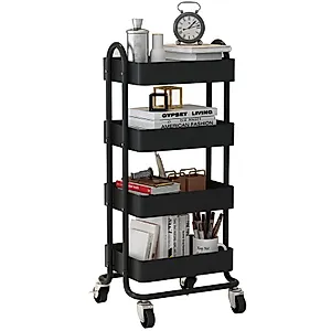 MIOCASA 4-Tier Metal Utility Rolling Cart, Heavy Duty Multifunction Cart with Lockable Casters, Easy to Assemble, Suitable for Office, Bathroom, Kitchen, Garden (Black)