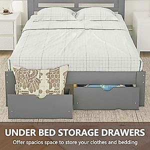 Full Size Bed Frame with 2 Drawers, Full Bed Frame with Storage, Wooden Platform Bed Frame with Headboard, Noise Free, No Box Spring Needed for Teens Adults Bedroom (Gray)