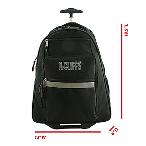 K-Cliffs Heavy Duty Rolling Backpack School Backpacks with Wheels Deluxe Trolley Book Bag Wheeled Daypack Workbag Multiple Pockets Bookbag with Safety Reflective Stripe Black