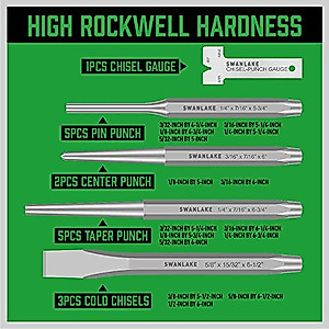 SWANLAKE Punch and Chisel Set, Including Taper Punch, Cold Chisels, Pin Punch, Center Punch (16pcs)
