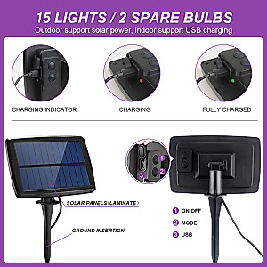 JFQSUNSINE Solar String Lights Outdoor, 25Ft 15 LED Bulbs Waterproof G40 Patio Lights, Solar Powered String Lights with USB Charging, 4 Modes for Party Patio Garden Wedding Xmas Decoration