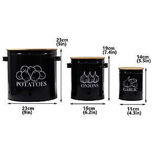 Gdfjiy Onion and Potato Storage, Set of 3 Antique Cream Vintage Potato Onion, Home Space-Saving Kitchen Canisters with Bamboo Lid & Handles - Airtight Potato, Onion & Garlic Keeper for Vegetable Storage - Long Shelf Life (Black)