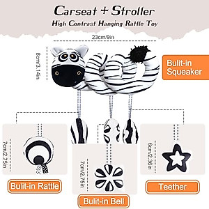vocheer High Contrast Baby Toys for Newborn, Black and White Hanging Toy Car seat Crib Move, Animal Circle Plush Stroller Toy, Squeak Travel Activity Wind Chimes 0-6 Months (Zebra)