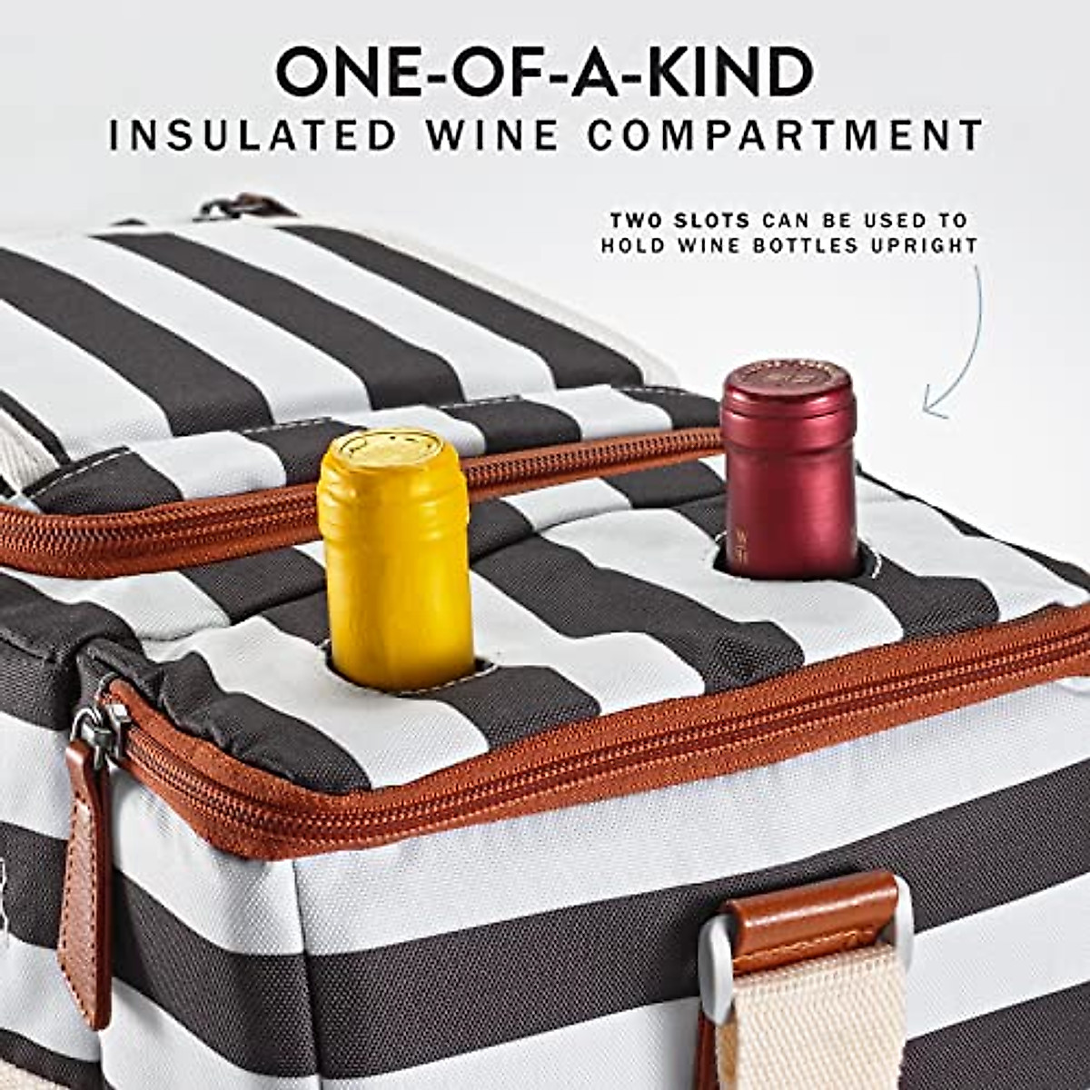 Foundry by Fit + Fresh, Brooks Dual-Compartment Insulated Cooler Bag with Wine Cooler Compartment, Food & Beverage Beach Bag, Picnic Basket, Perfect For Tailgating & Camping Accessories, Black & White