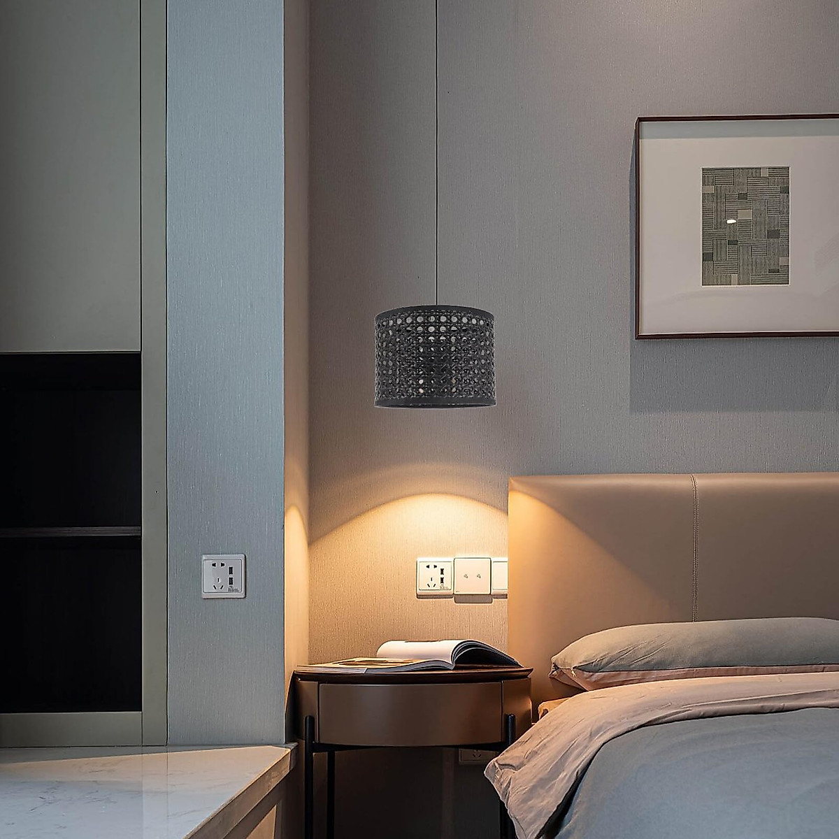 EXCEART Small Woven Lamp Shade E27 16cm Plastic Pendant Lampshade Drum Chandelier Light Cover Wall Floor Table Lamp Bulb Cage Guard Rustic Hanging Light Fixture B