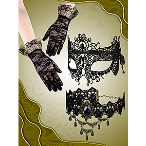 Boao Masquerade Costume Set for Women, Lace Masquerade Mask Gloves Black Gothic Choker Necklace Cosplay Accessories (Elegant Style)