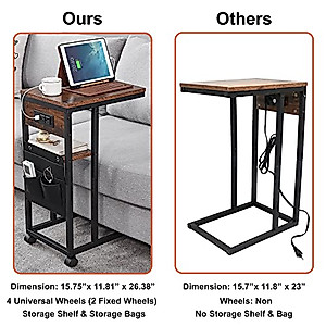YILFANA C Shaped End Table with Charging Station, C Shaped Side Table with Storage and Lockable Wheels, C Table with USB Ports & Power Outlets, for Living Room, Bedroom, Brown