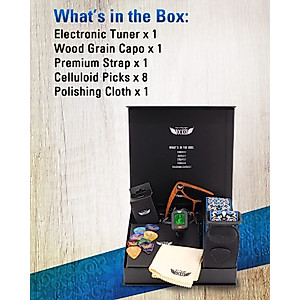 Stage Rocker Guitar Accessories Gift Box for Acoustic and Electric Guitars, Blue Jacquard Weave Guitar Strap, Picks, Capo, Tuner, Cleaning Cloth, 5-in-1 Essential Gift