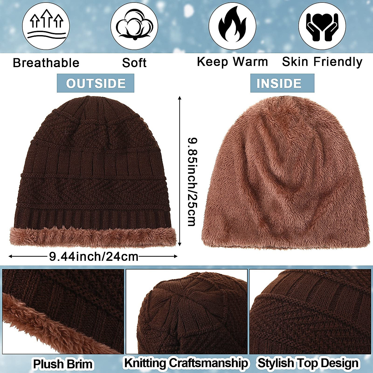 JaGely 6 Pcs Beanie Acrylic Warm Knit Hat Thick Soft Winter Hat Lined Beanie for Women Thermal Hat for Men Snow Retro Stocking Hats for Adult Ski Hike Outdoor Indoor