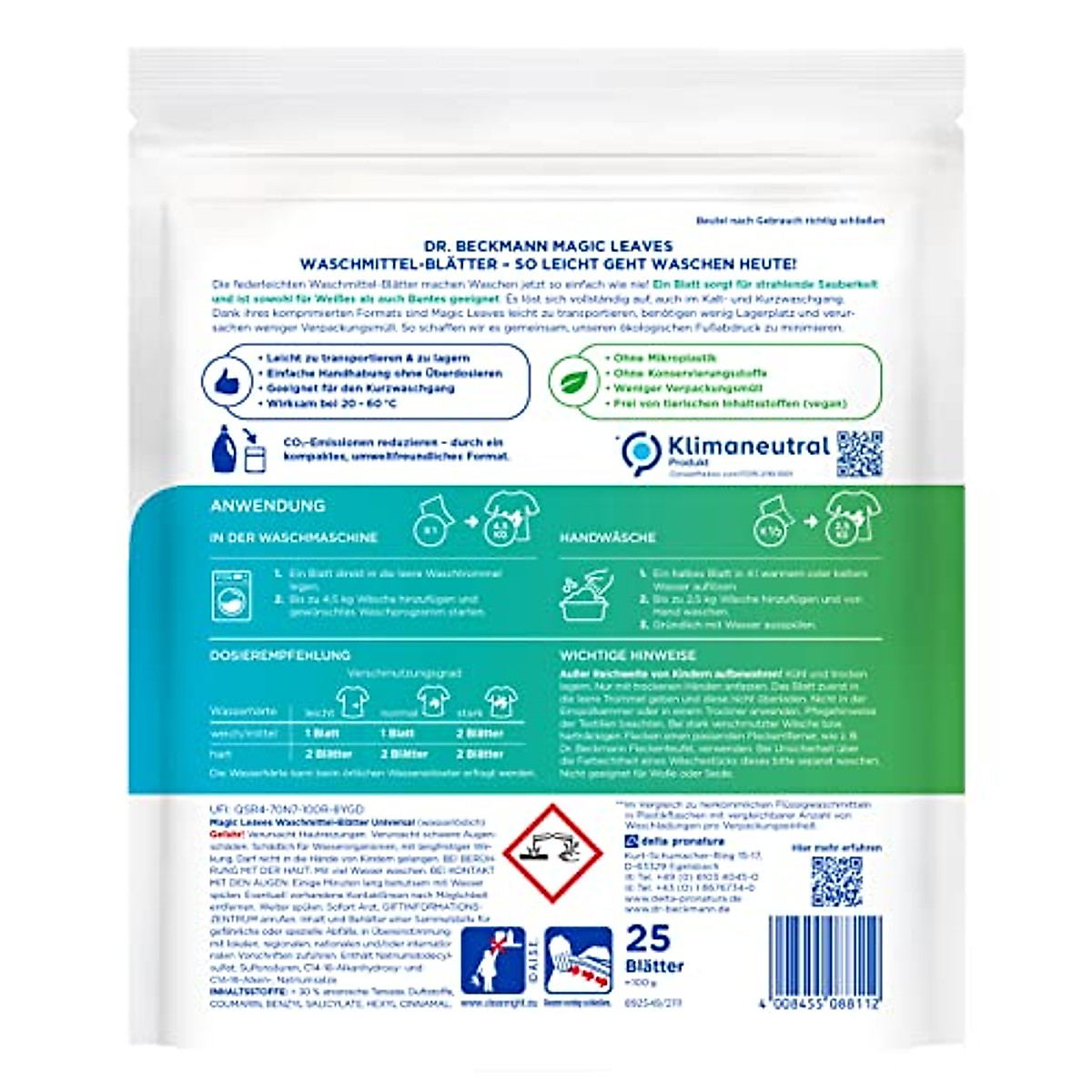 Dr. Beckmann Magic Leaves Universal Detergent Sheets, Pre-Dosed and Water-Soluble Wash Sheets, Space-Saving and Easy to Use