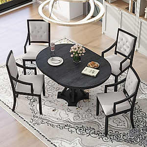 POCIYIHOME 5-Piece Set, Wood Two-Size Round to Oval Extendable Butterfly Leaf, 4 Upholstered Dining Armrest, Table/Chairs for 4 (Black Oak), 42~58" L x 42''W x 30''H