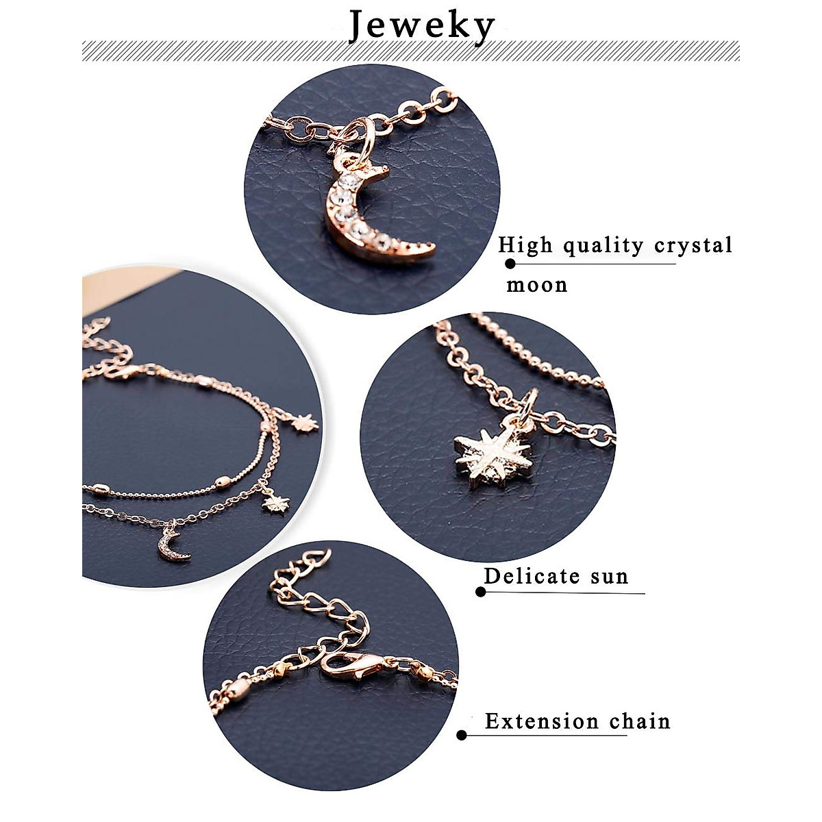 Jeweky Boho Three Layered Beaded Ankle Bracelets Gold Moon Summer Beach Anklet Chain for Women
