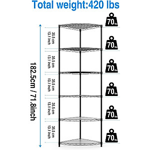 Corner Shelf Wire Shelving Unit, 6 Tier NSF Metal 420lbs Capacity Heavy Duty Adjustable Storage Rack with Shelf Liners for Closet Kitchen Bathroom Garage Basement, 72" H x 18" L x 18" D - Black