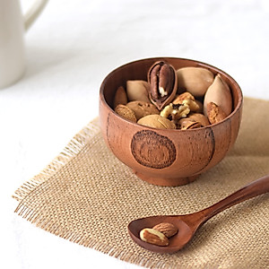 Kanhaom Small Wooden Bowls and Spoons, 10oz. Portion Control Bowls for Snack, Dessert, Japanese Serving Bowls for Rice, Soup, Solid Wood Bowls for Decor (4 Bowls with 4 Spoons - 4.1IN)