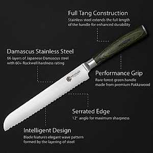 HexClad Bread Knife, 8-Inch Japanese Damascus Stainless Steel Blade Full Tang Construction, Pakkawood Handle