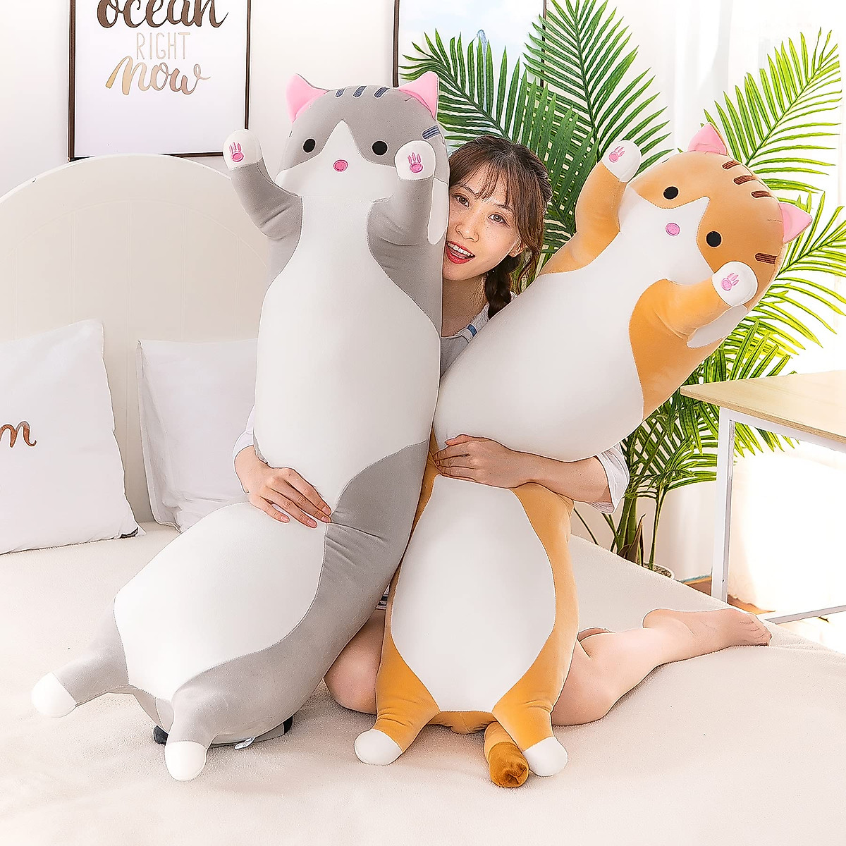 SNOWOLF Cute Cat Plush Long Body Pillow Cat Stuffed Animals Plushie Toy Soft Throw Sleeping Cotton Kitten Pillow Gift for Kids Girls (Gray, 19.7")