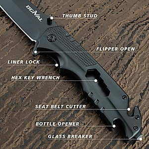 OGIVAL Pocket Knife，4inch Folding Knife with Nylon Sheath and Pocket Clip, Bottle Opener, Glass Breaker, Seatbelt Cutter and Wrench, Black