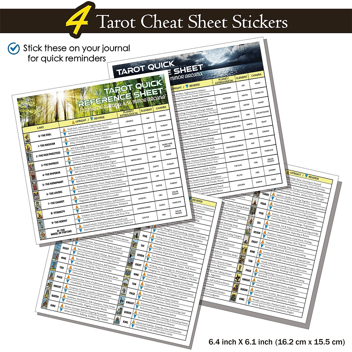 Joyppy Mini Tarot Stickers for Journaling - 1008 PCS Tarot Card Stickers Based on Rider Waite Tarot Deck - 1.25" x 0.78" - Clear Printing & Glossy Finish – 4 Tarot Cheat Sheets Included