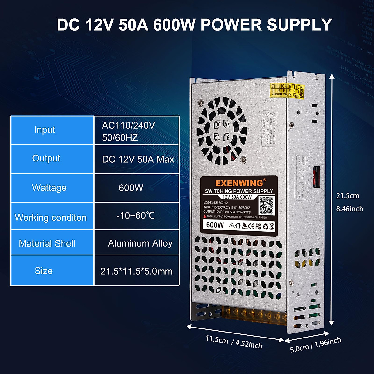 EXENWING 12V 50A 600W Power Supply Adapter Universal Switching Converter SMPS AC 110/220V to DC 12Volt Regulated Transformer Converter PSU for Diesel Heater LED Strip 3D Printer Car Stereo CCTV Camera