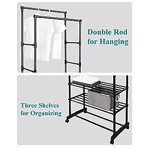ZOES HOMEWARE Compact Clothes Rack | Rolling Clothing Rack | Metal Garment Clothes Rack for Hanging Clothes | Hanging Clothes Rack with 3 Shelves on Wheels