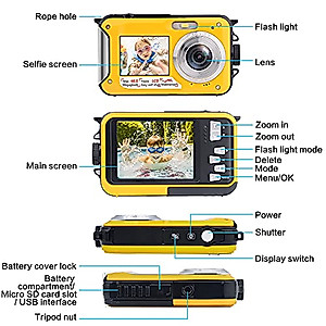 S & P Safe and Perfect Underwater Camera, Waterproof Camera Full HD 2.7K 48MP Waterproof Camera Digital with Dual Screen, 16X Digital Zoom and Self-Timer Yellow