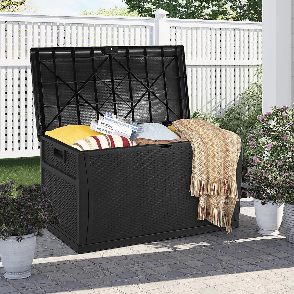 Patiomore 120 Gallon Resin Wicker Patio Storage Box, Outdoor Storage Container Deck Box and Gar,(Black)