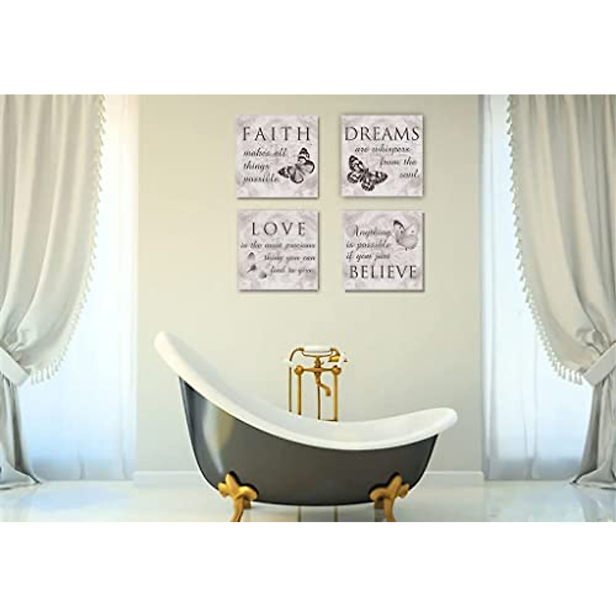 Butterfly Wall Art 4 Pcs Inspirational Quotes Love Dream Faith Believe Grey Butterfly Framed Pictures Wall Decor Butterfly Art Wall Decor Faith Canvas Wall Art for Bathroom Bedroom